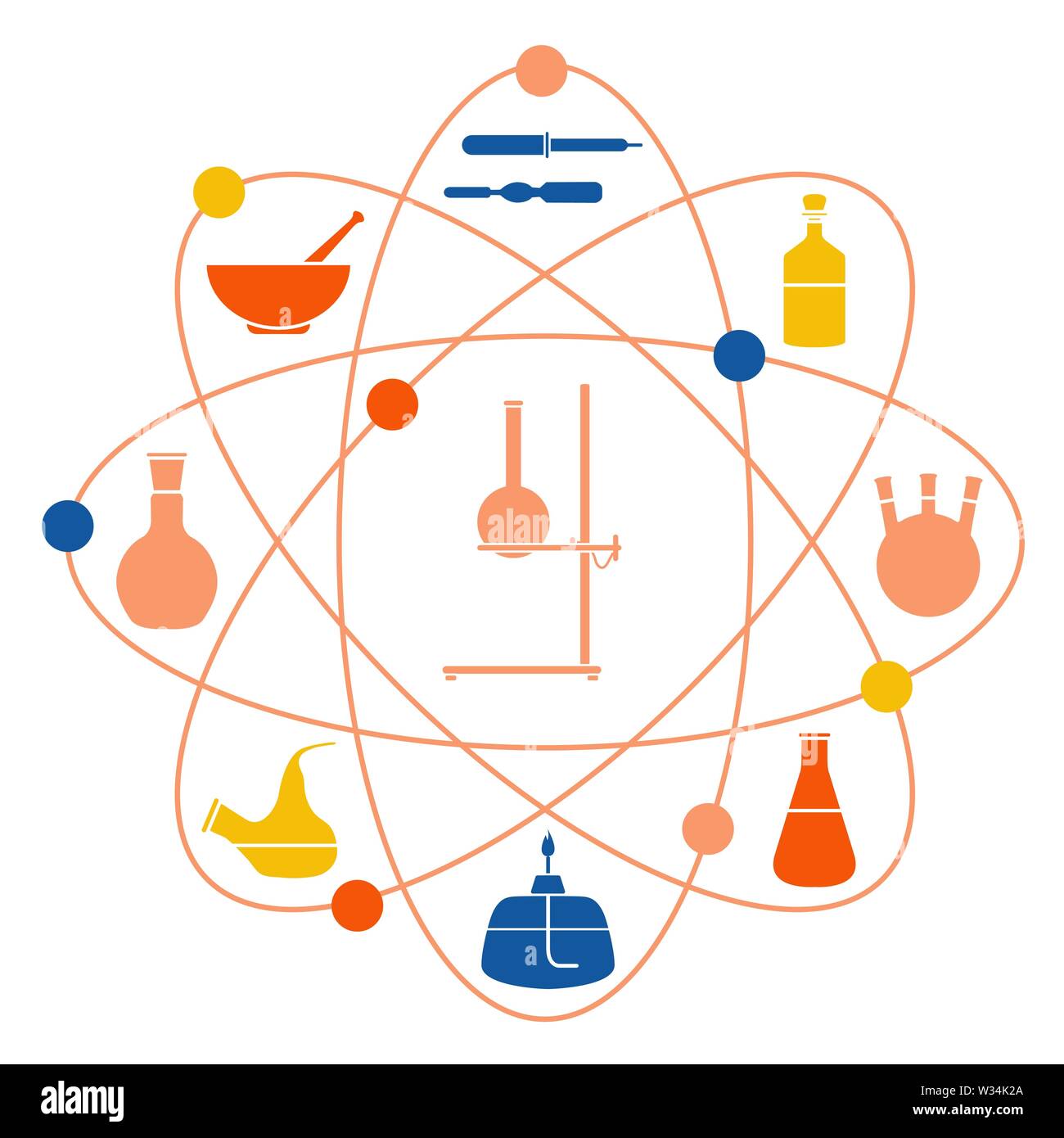 Vector illustration with atomic structure, glassware flasks, burner ...