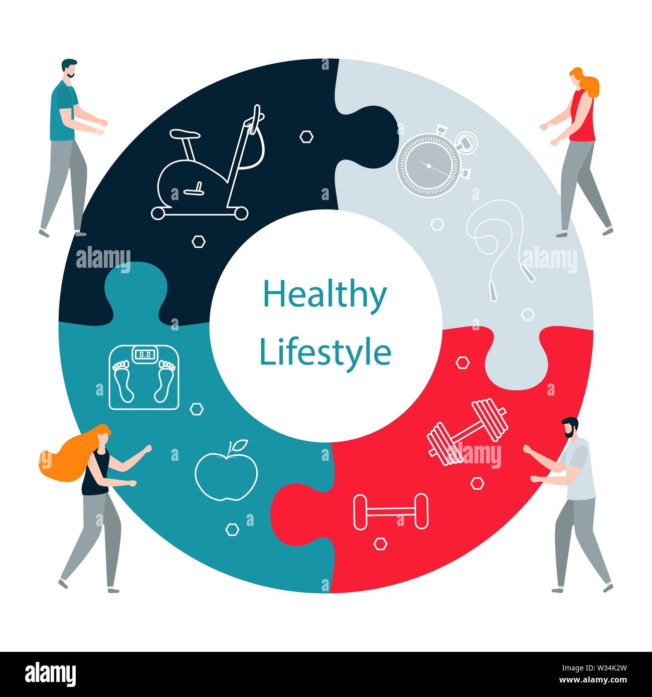 Vector illustration with people, puzzle, exercise bike, jump rope ...