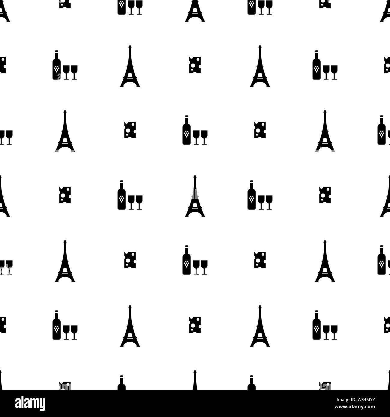 Seamless pattern paris symbols. Bottle of wine, cheese, eiffel tower on ...