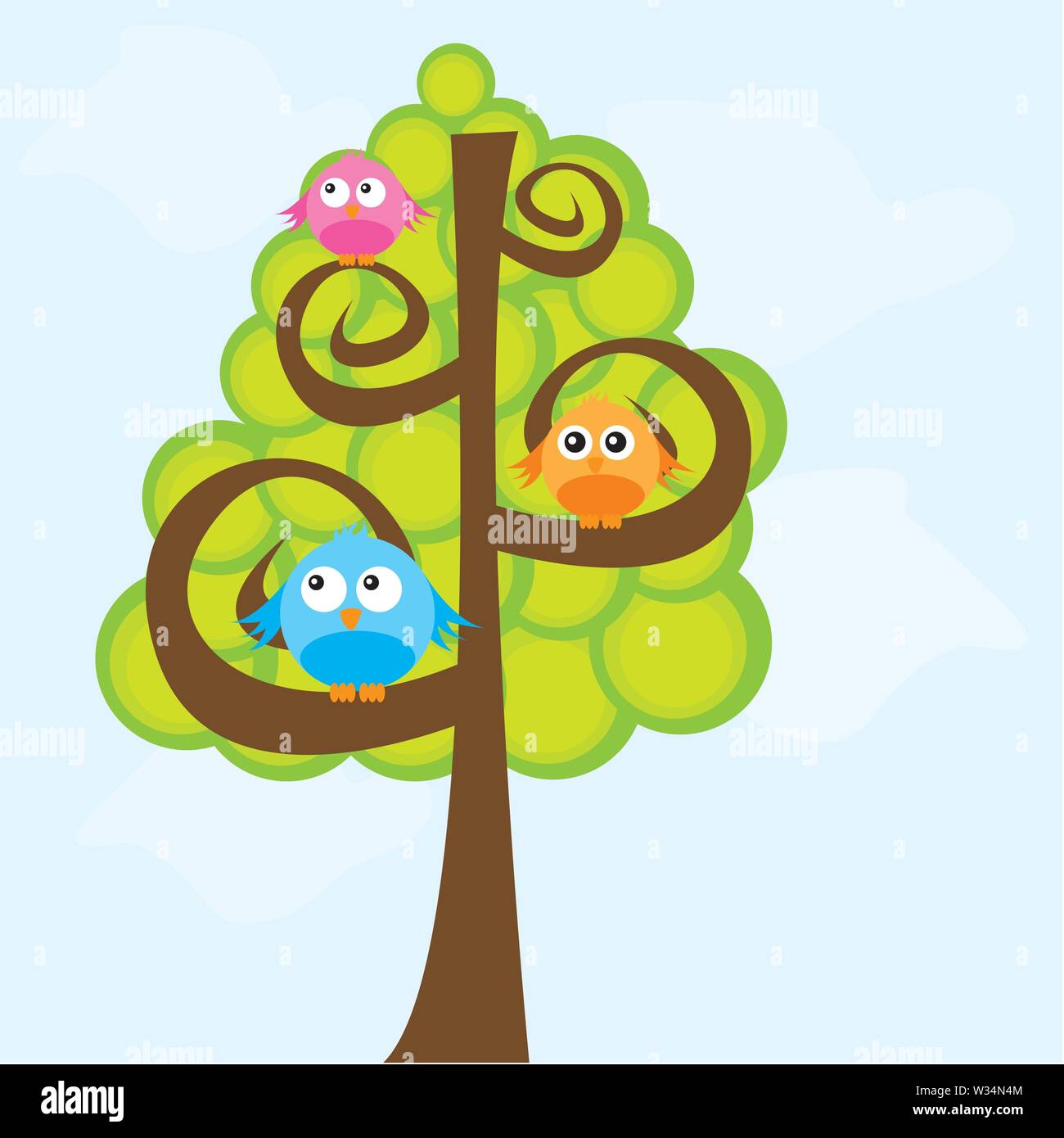 cute birds and tree cartoon over sky background vector Stock Vector ...