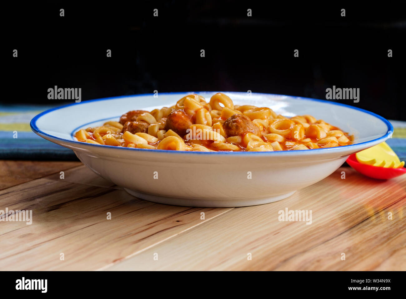 Canned children's meal spaghetti rings with meatballs and colorful ...
