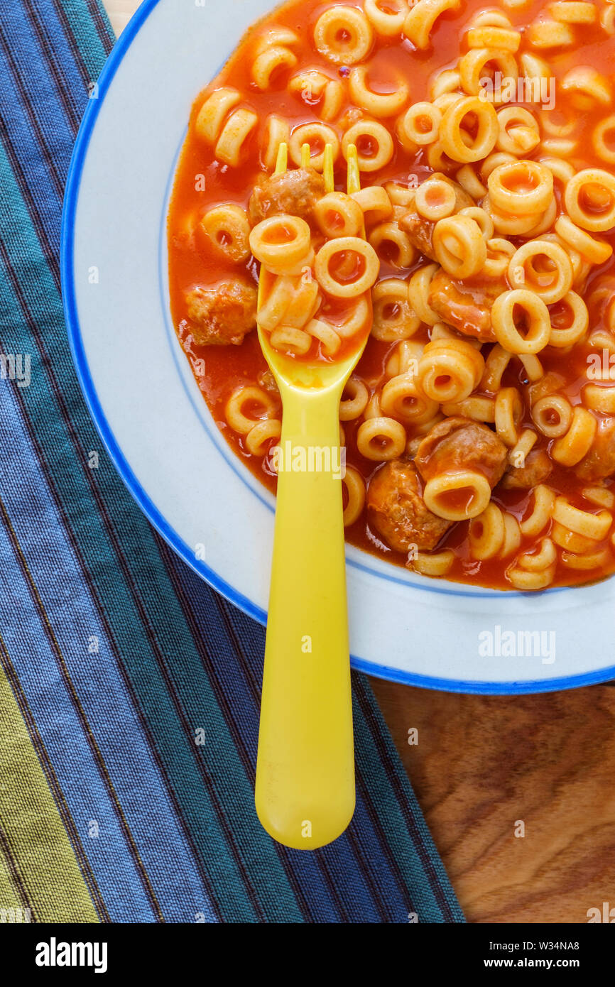 Canned children's meal spaghetti rings with meatballs and colorful ...