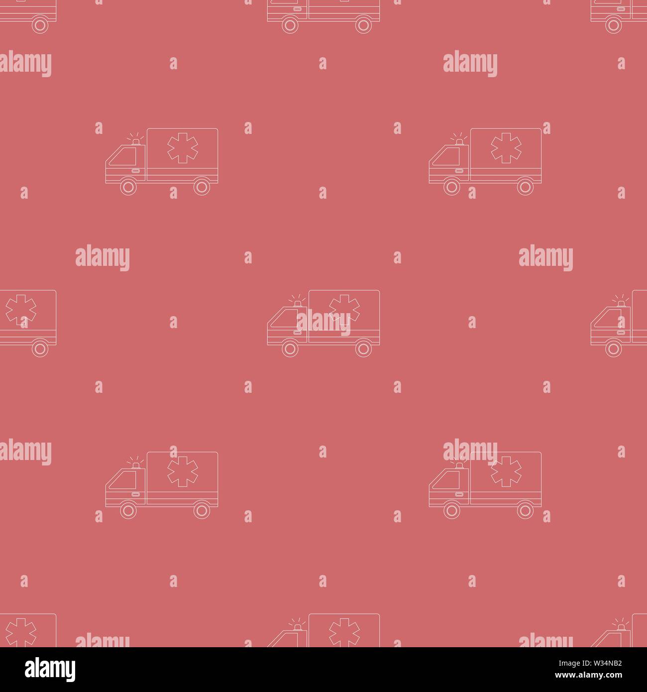 Seamless pattern with outline emergency ambulance on red background ...