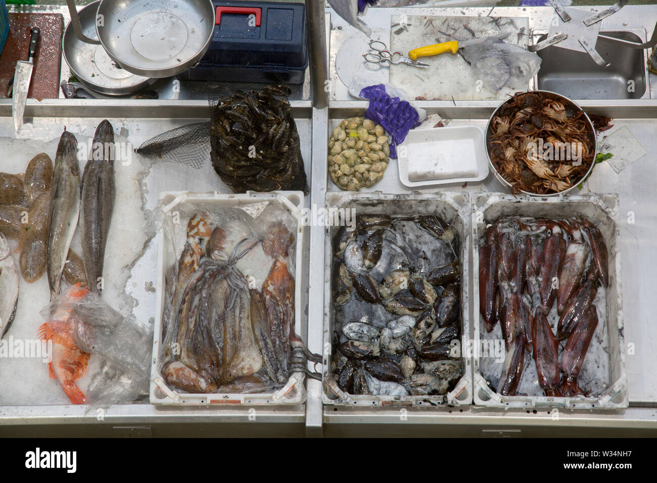 Fish and Seafood on Market Stall Stock Photo - Alamy