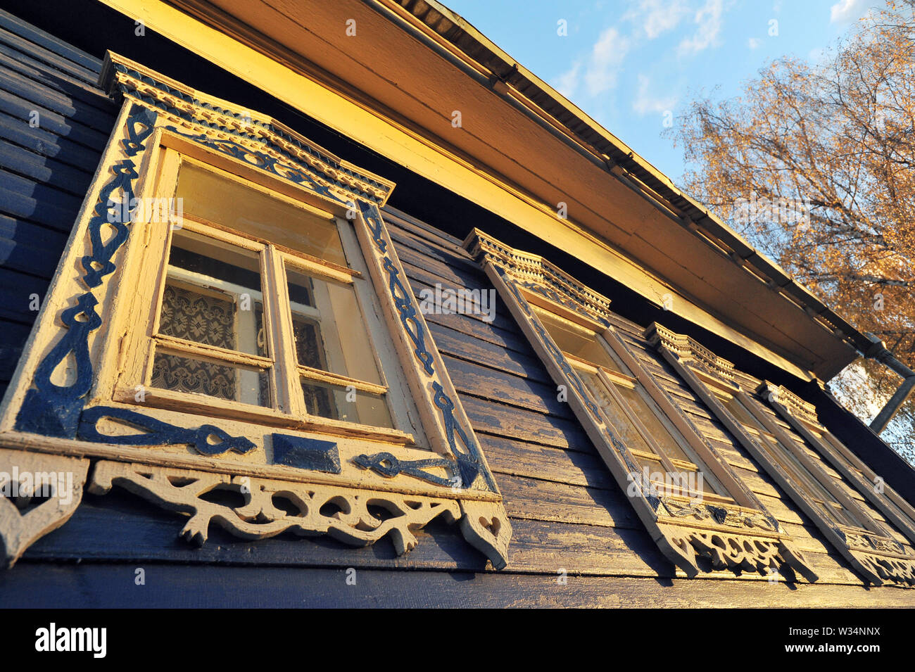 traditional design of windows and facade of russian house Stock Photo ...