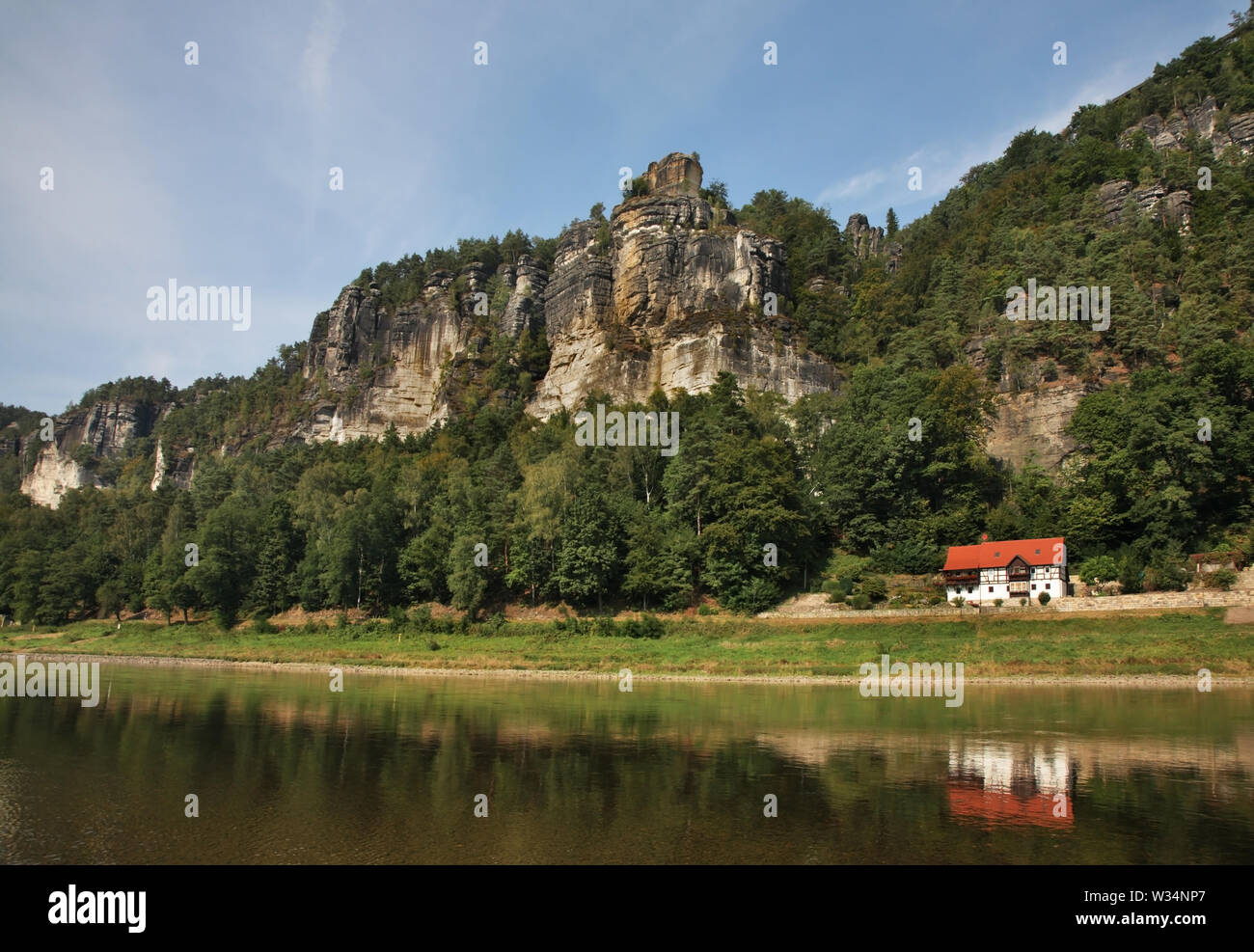 Elbe river and Bastei at Elbe sandstone mountains near Rathen village ...