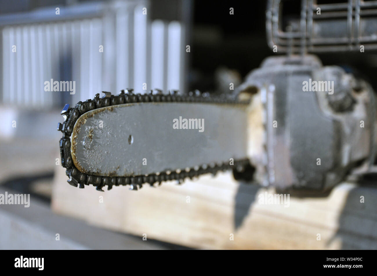 Chainsaw. Close-up of saw chain with residues of sawdust and wood dust ...