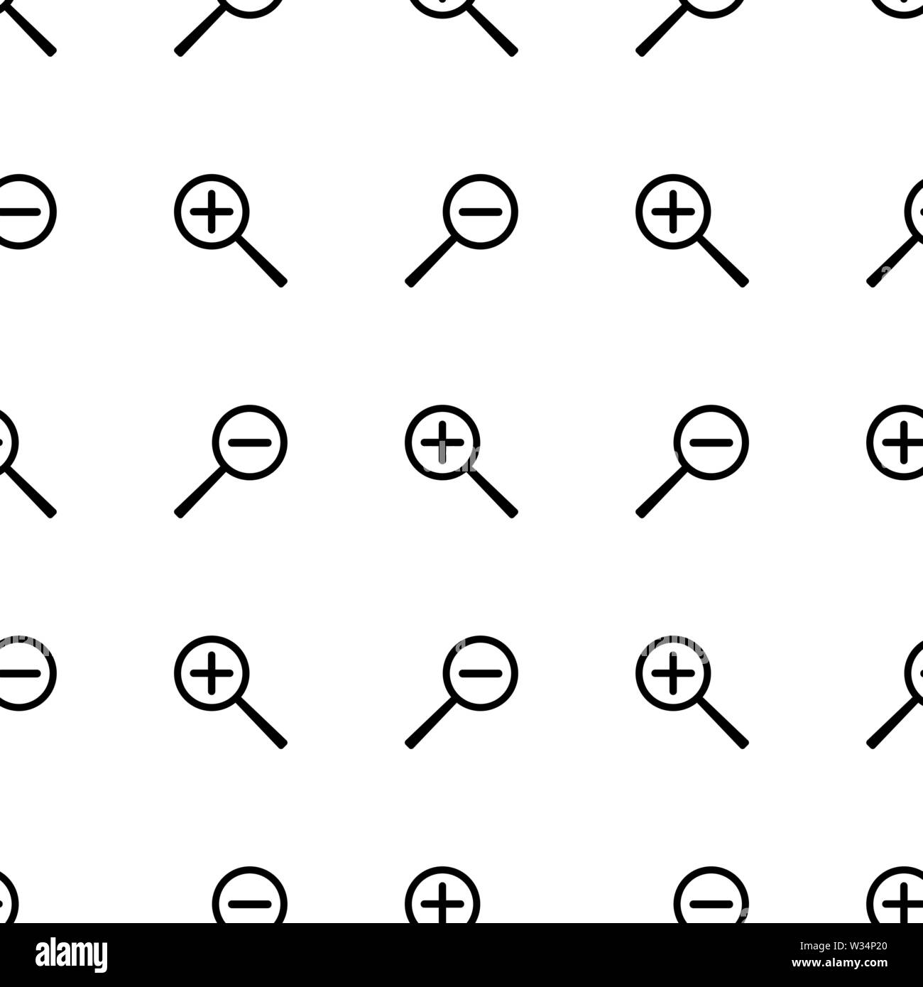 Seamless pattern with magnifier increase and decrease zoom icon on white background. Vector ...