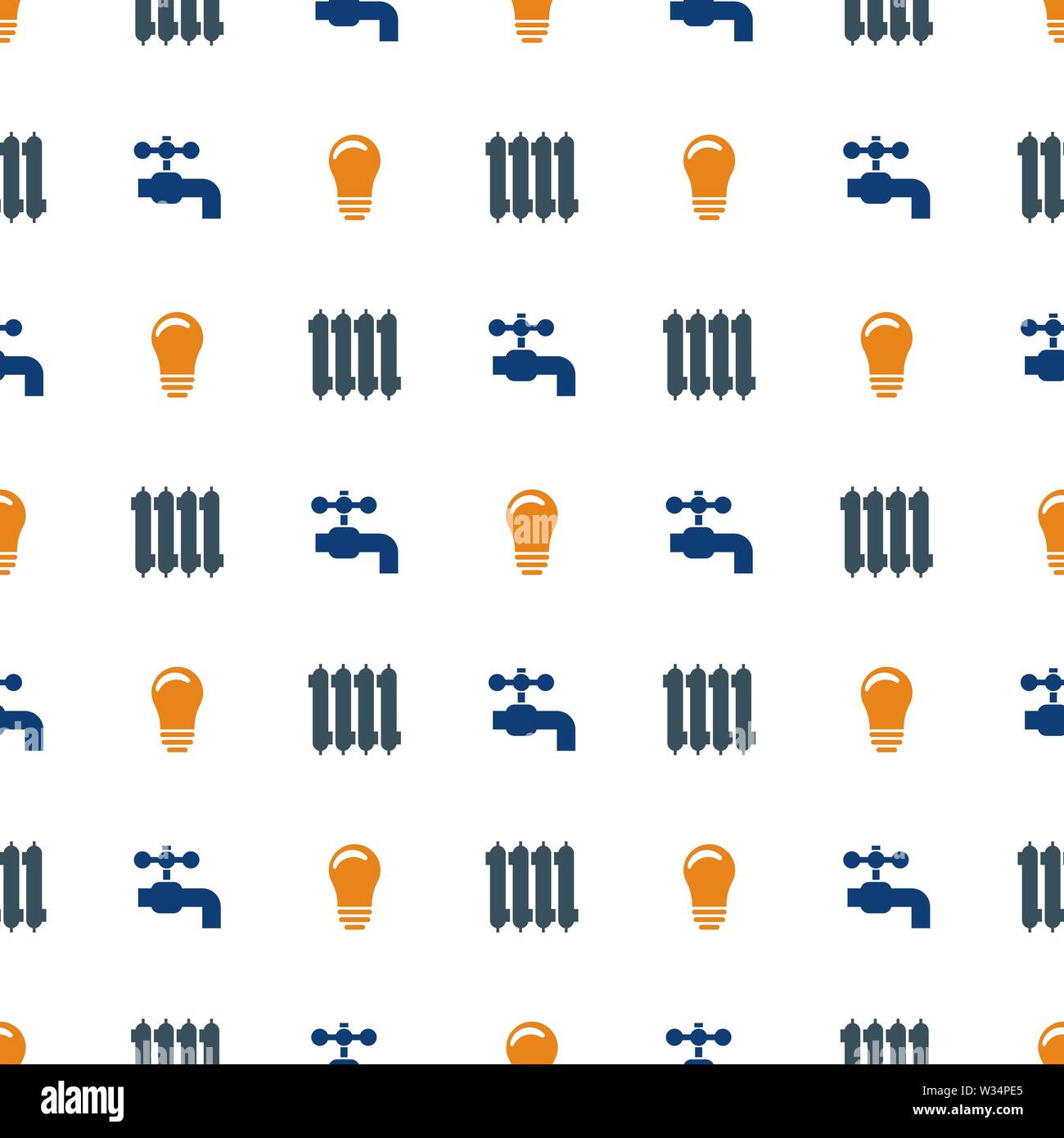 Seamless pattern with water crane, lightbulb and radiator on white ...