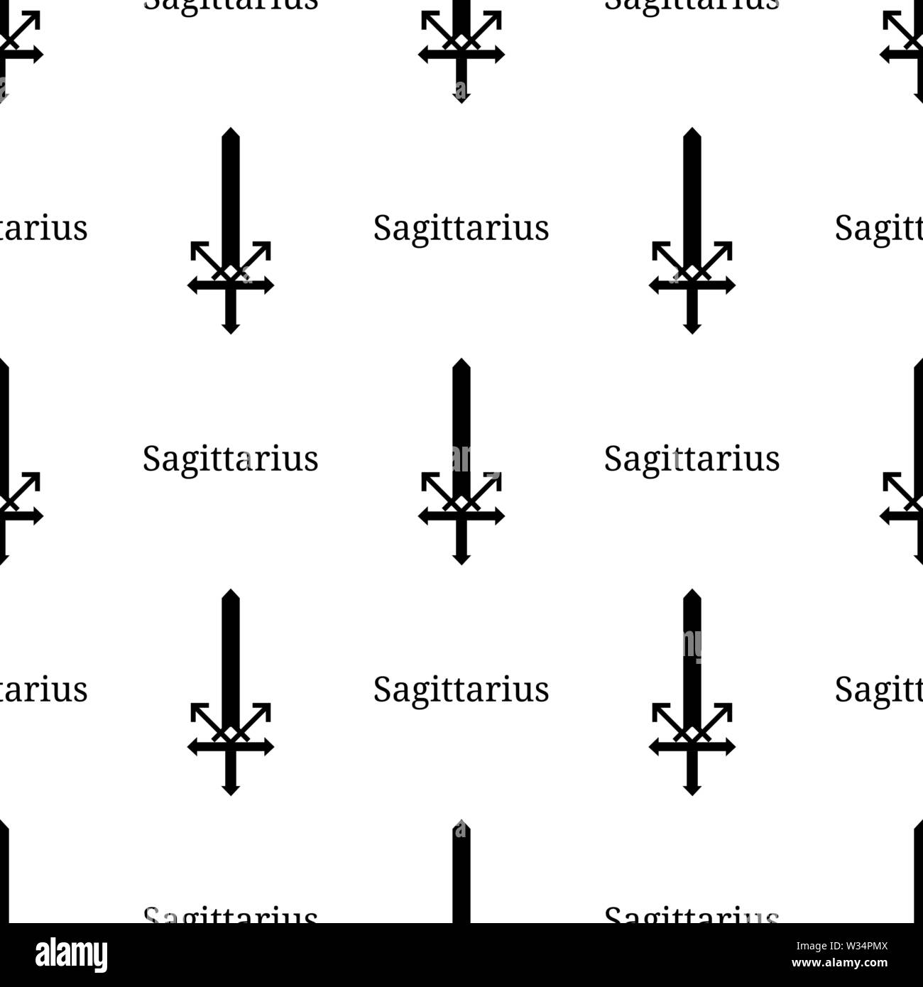 Seamless pattern with sagittarius zodiac sword sign. Black silhouette ...