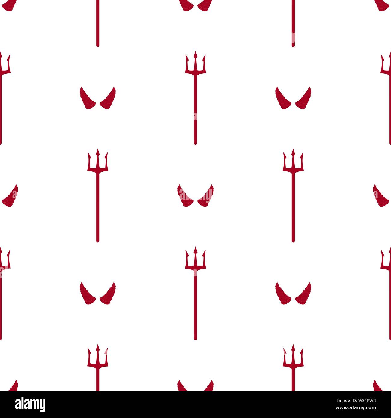 Seamless pattern with red devil tridents and horns on white background ...