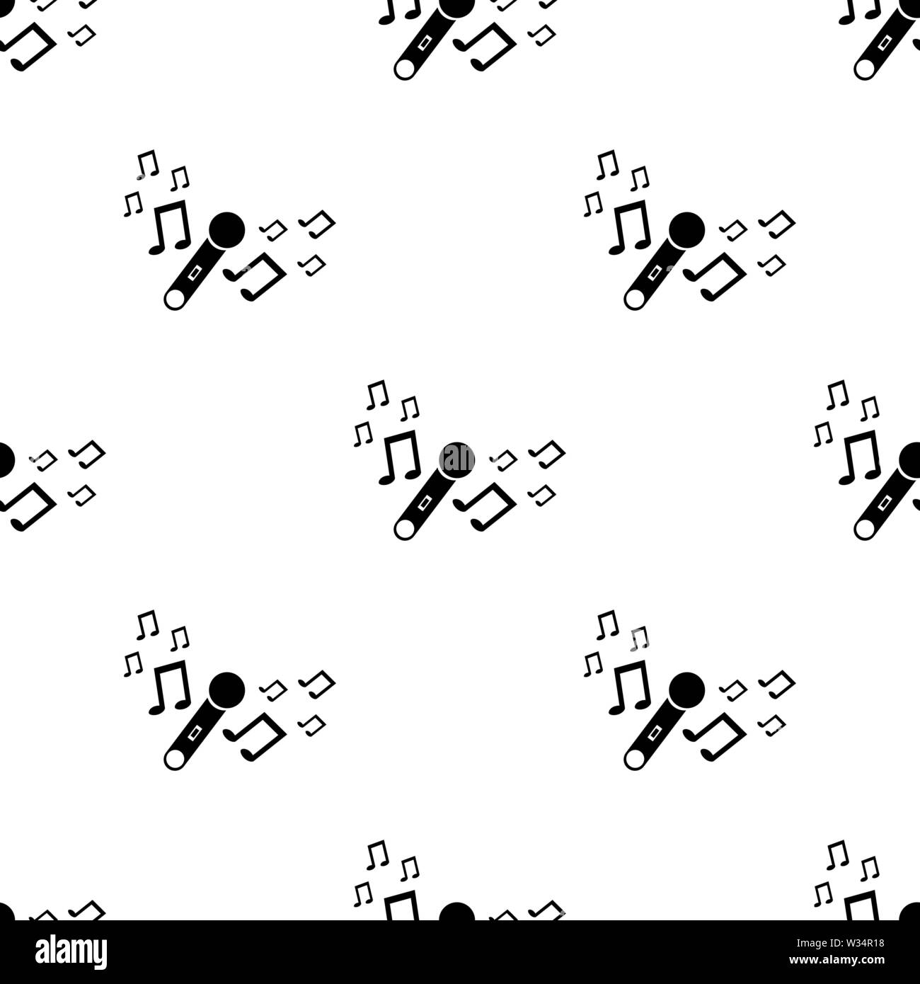 Seamless pattern with black silhouette of microphone with music signs ...