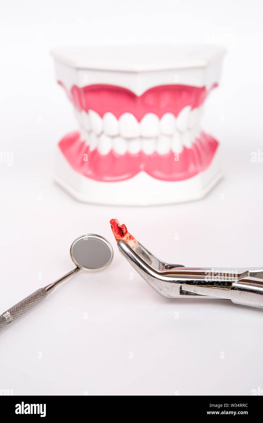 White teeth and dental instruments on white background Stock Photo - Alamy