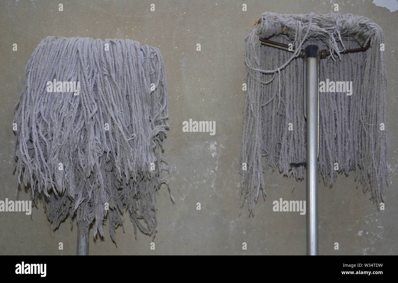 Two mops leaning against a wall Stock Photo - Alamy