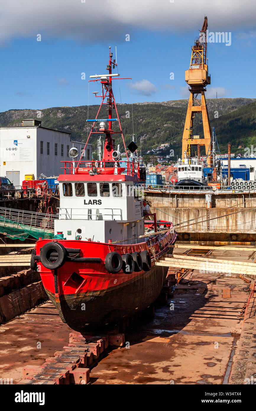Veteran tug boat Lars at old BMV ship yard drydock in port of Bergen ...