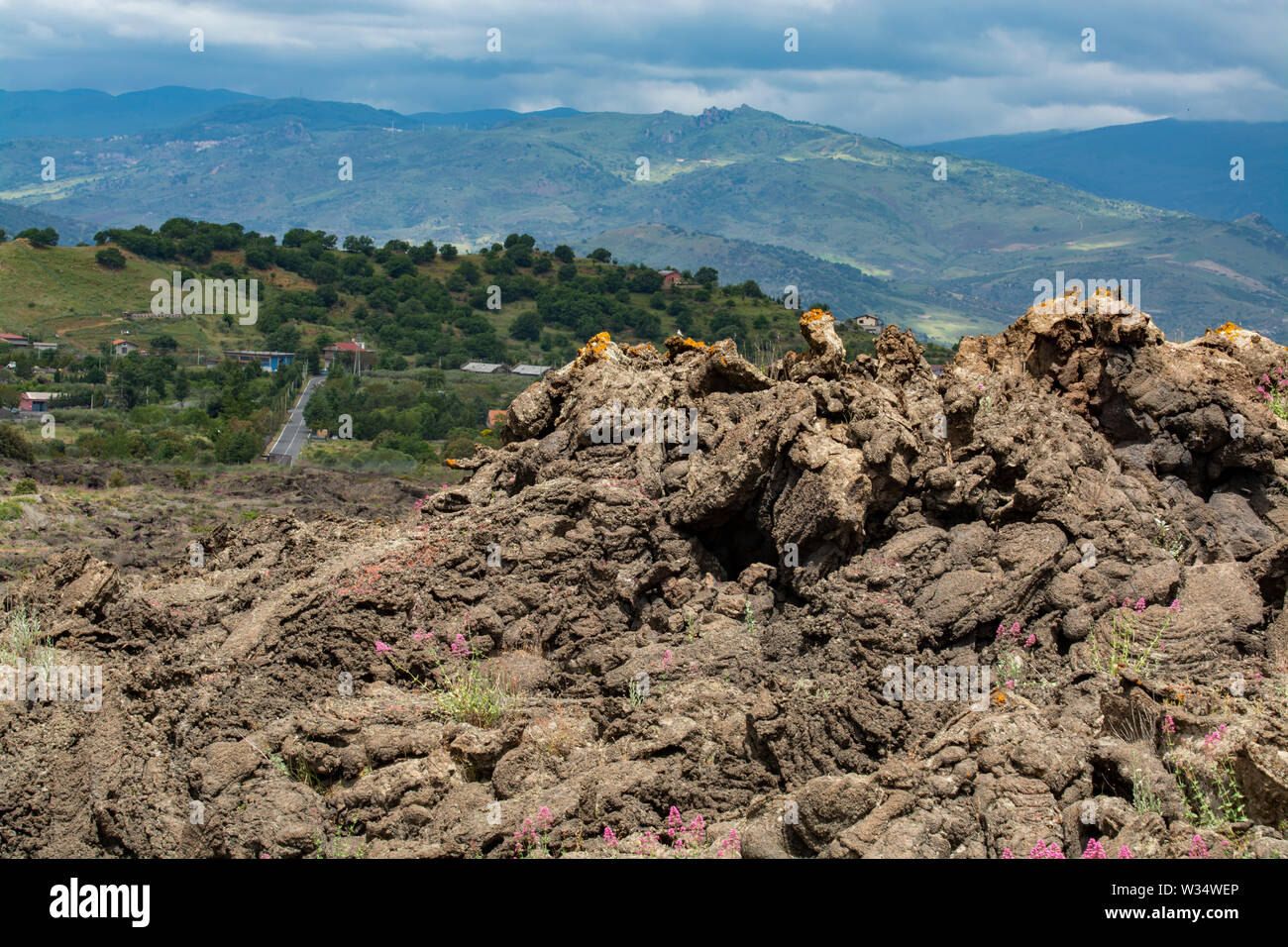 View on small village located just few meters from new eruption lava ...