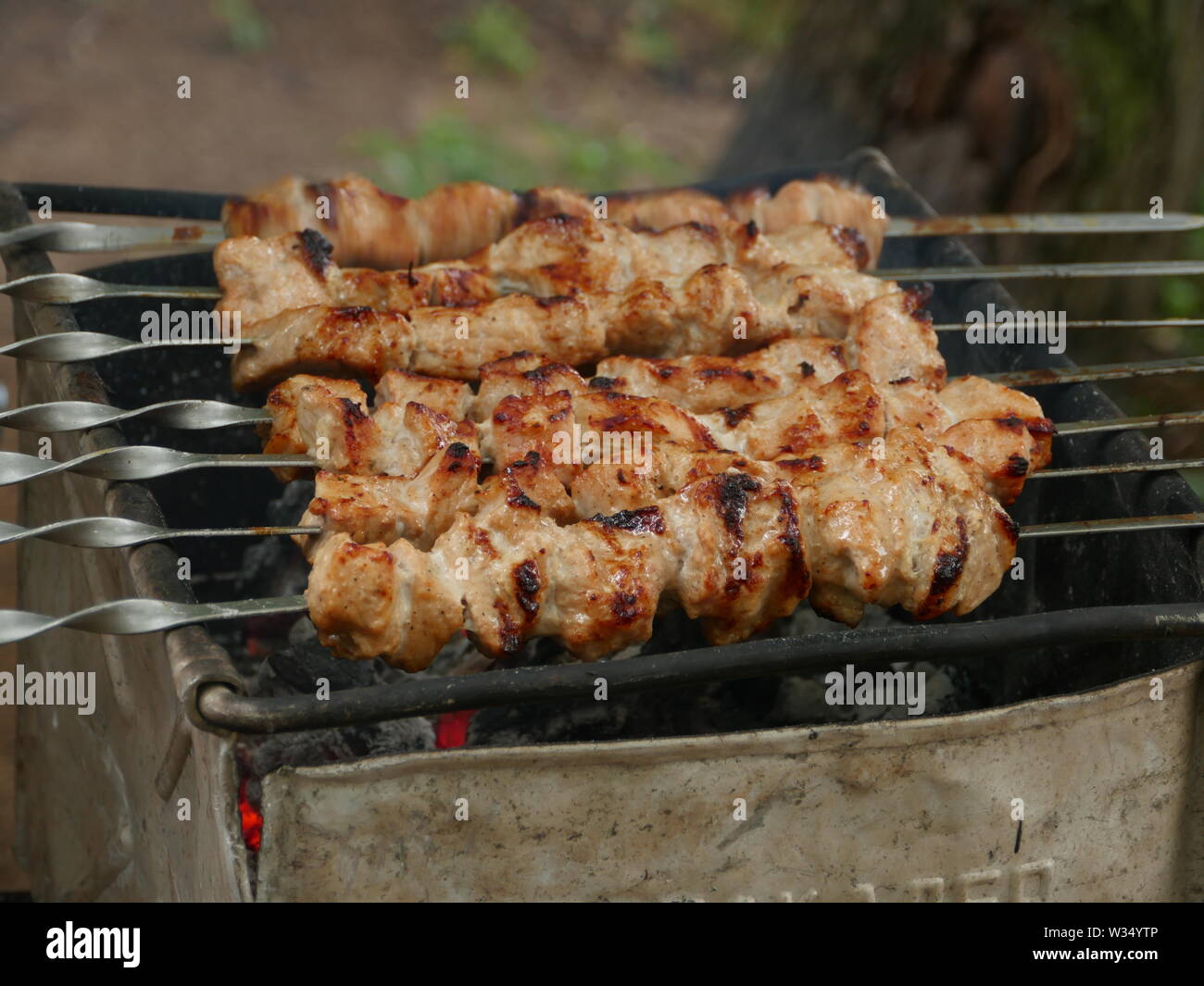 Meat on skewers cooking over hi-res stock photography and images - Alamy