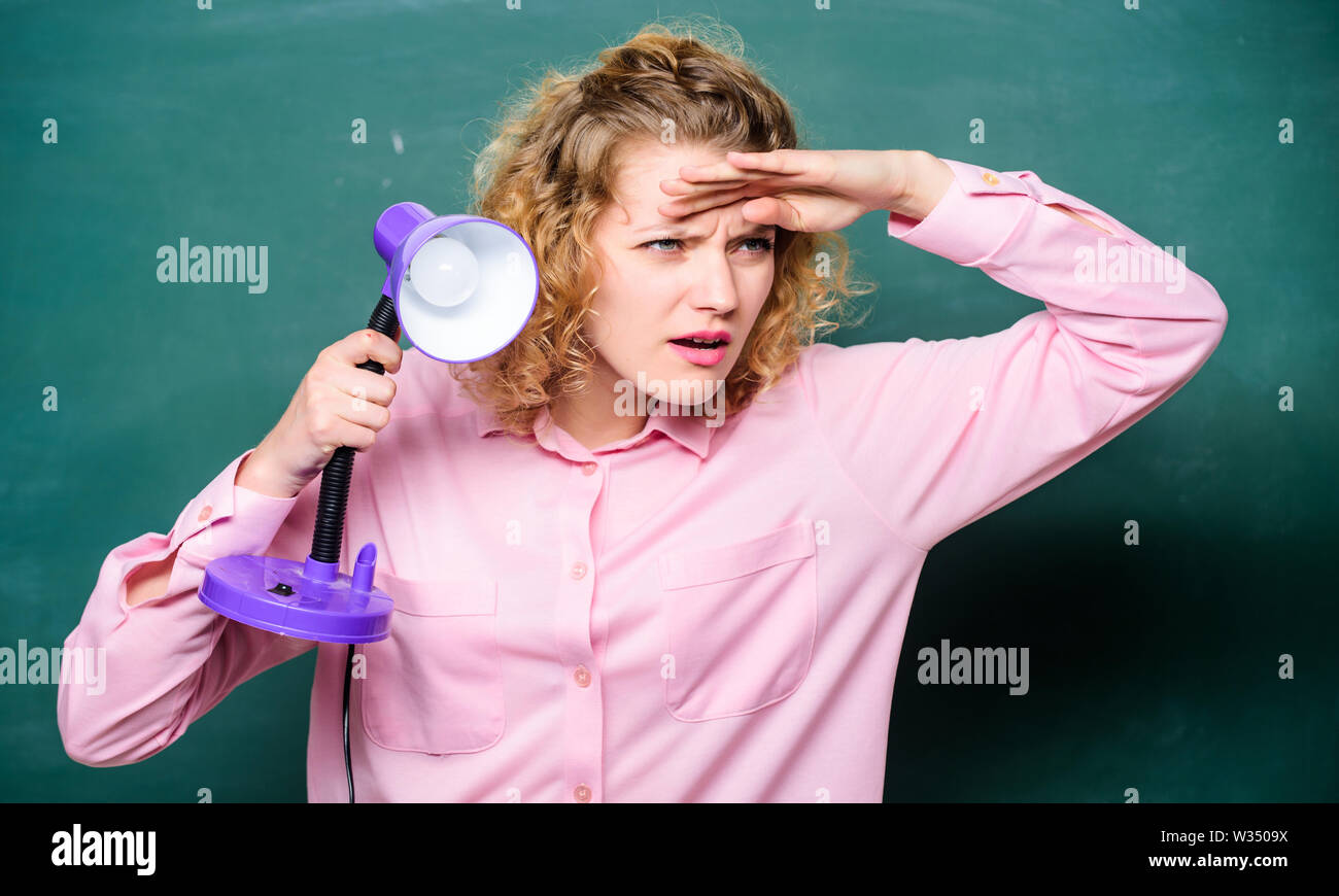 knowledge light. teacher with lamp at school blackboard. student girl ...