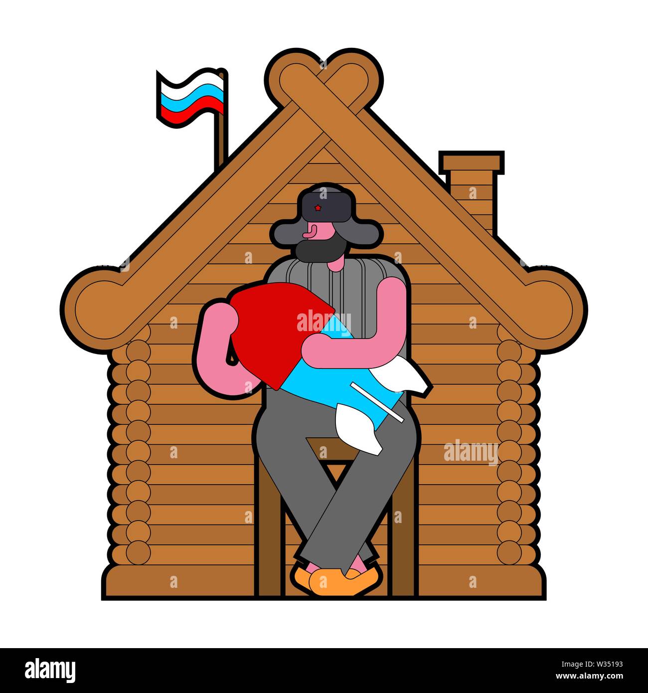 Russian bomb. Man and rocket. National Folk hut. Wooden house. Nuclear ...