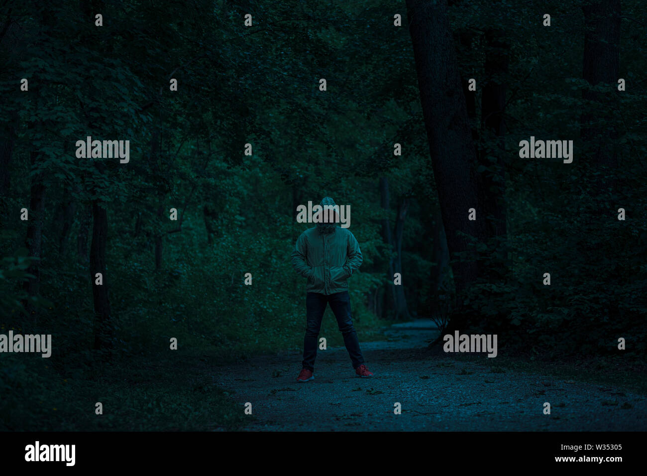 Scary dark male figure in a hoodie standing on the path in the forest ...