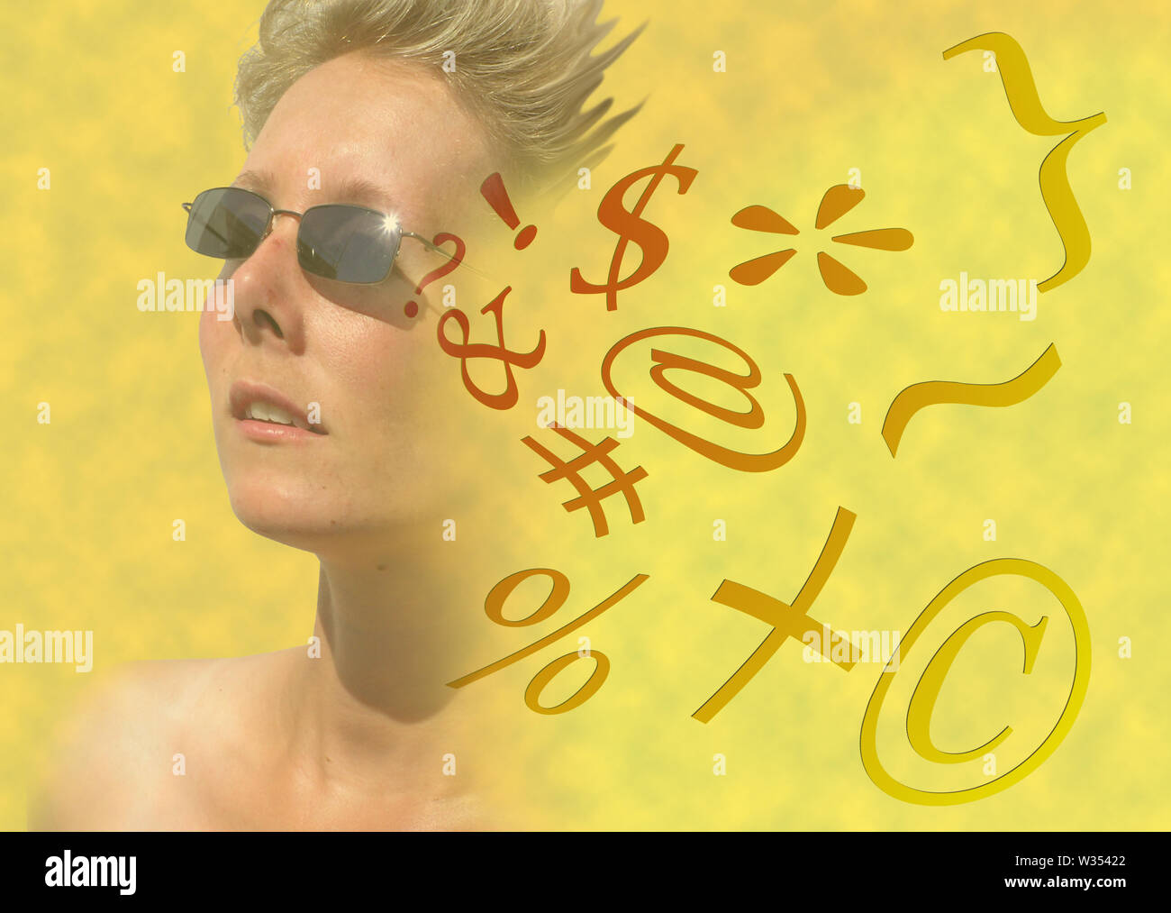 Woman thinking symbols of ideas in yellow background. The symbols are ...