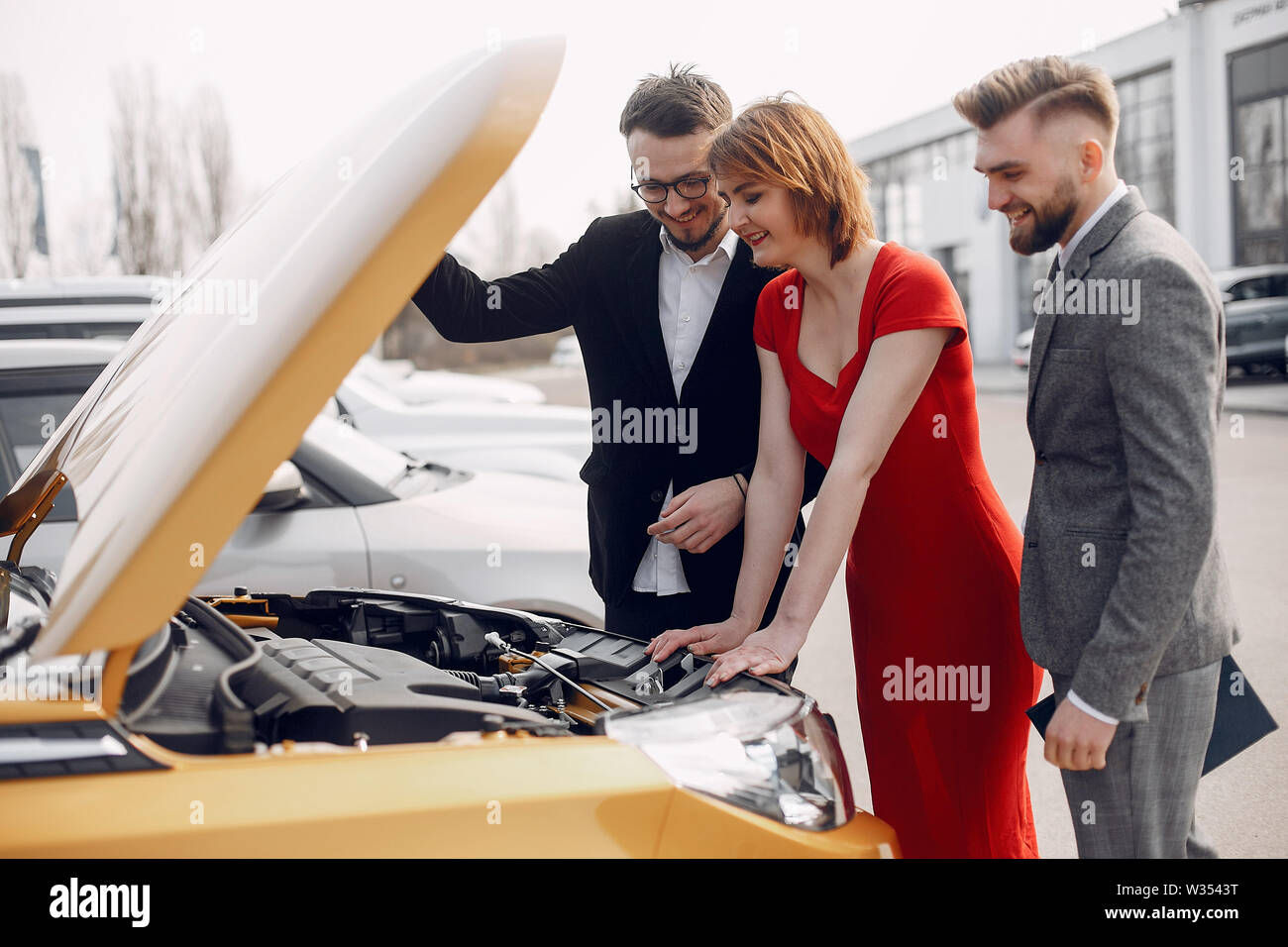 Stylish and elegant couple in a car salon Stock Photo - Alamy