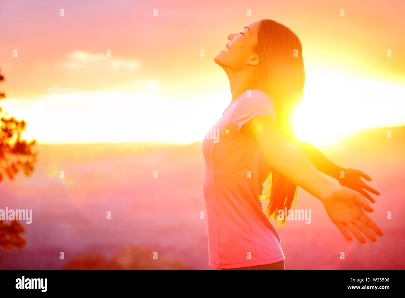 Free happy woman enjoying nature sunset. Freedom, happiness and ...