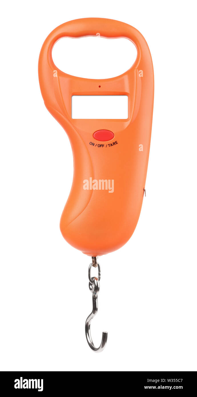 Front view of digital hanging hook scale with blank display isolated on ...