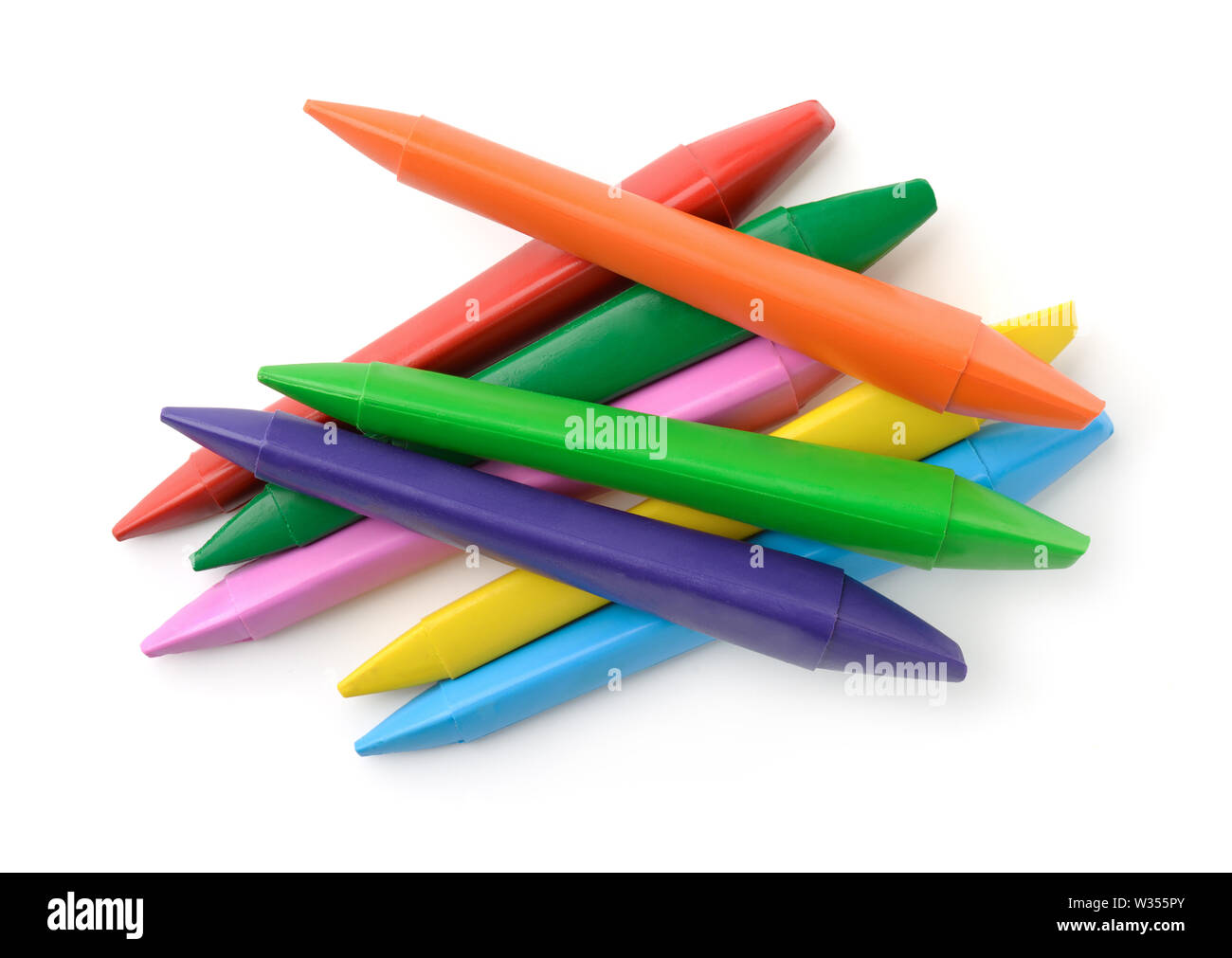 Top view of colorful plastic double sided crayons isolated on white ...