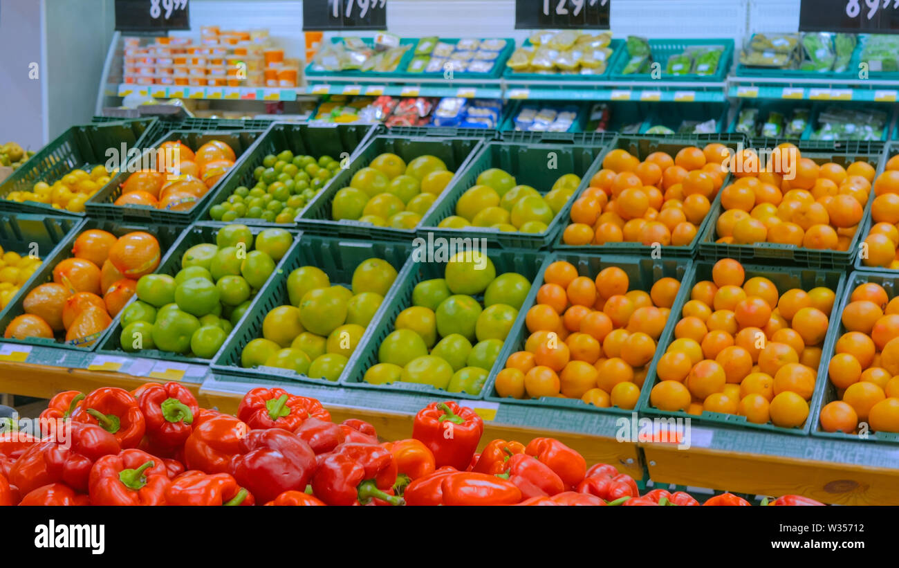 Fresh fruits and vegetables at grocery store Stock Photo - Alamy