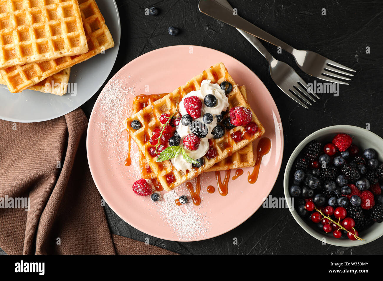 Beautiful composition with sweet belgian waffles, top view Stock Photo ...