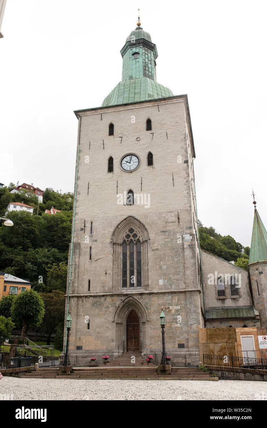 The Bergen Cathedral (Domkirke), a gothic church with bell tower in ...