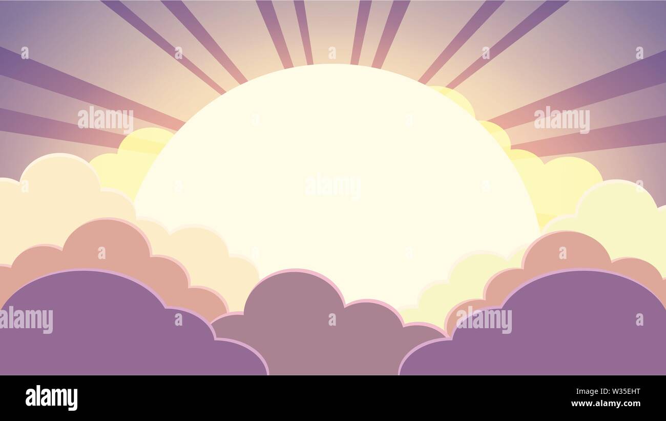 Colorful sky in twilight time background with clouds and sun with rays ...