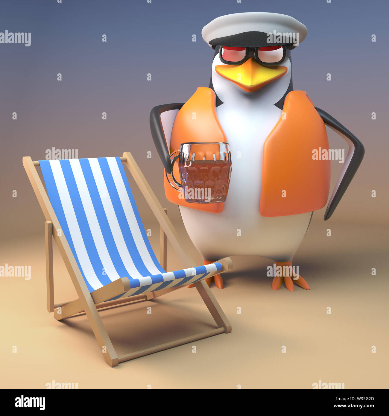 Funny 3d cartoon captain penguin the sailor relaxes at the beach with ...