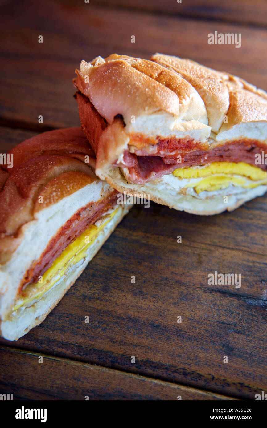 Taylor ham, pork roll, egg and cheese breakfast sandwich on a kaiser ...