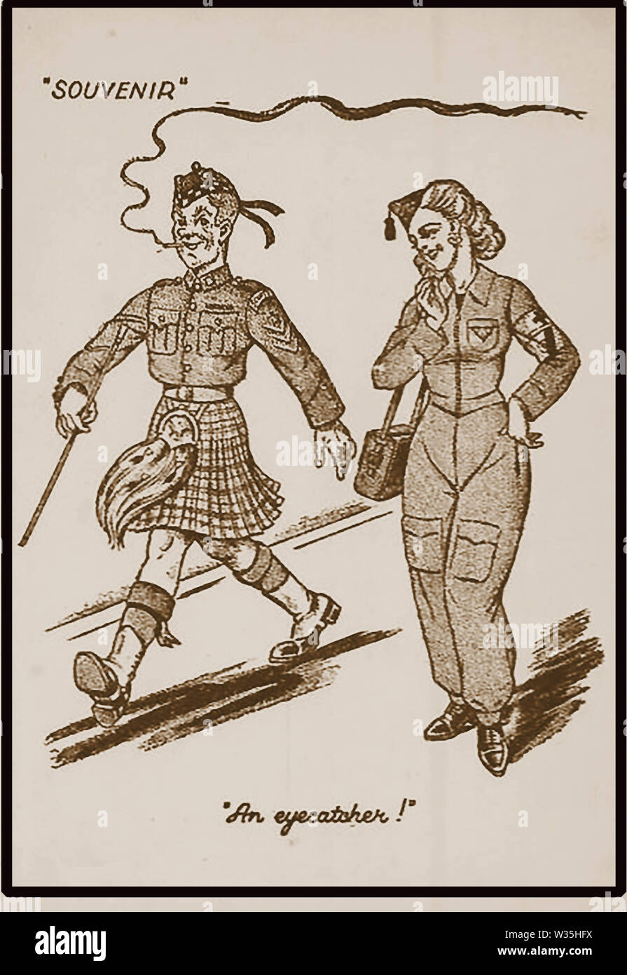 From a WWII comic Postcard (1944) A kilted Scottish soldier catches the ...