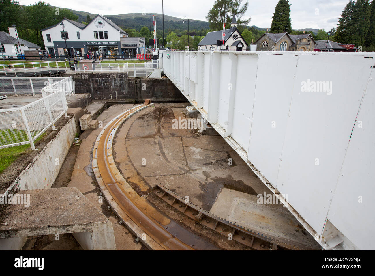 A swing bridge over the Caledonian Canal in Fort Augustus, Scotland, UK ...