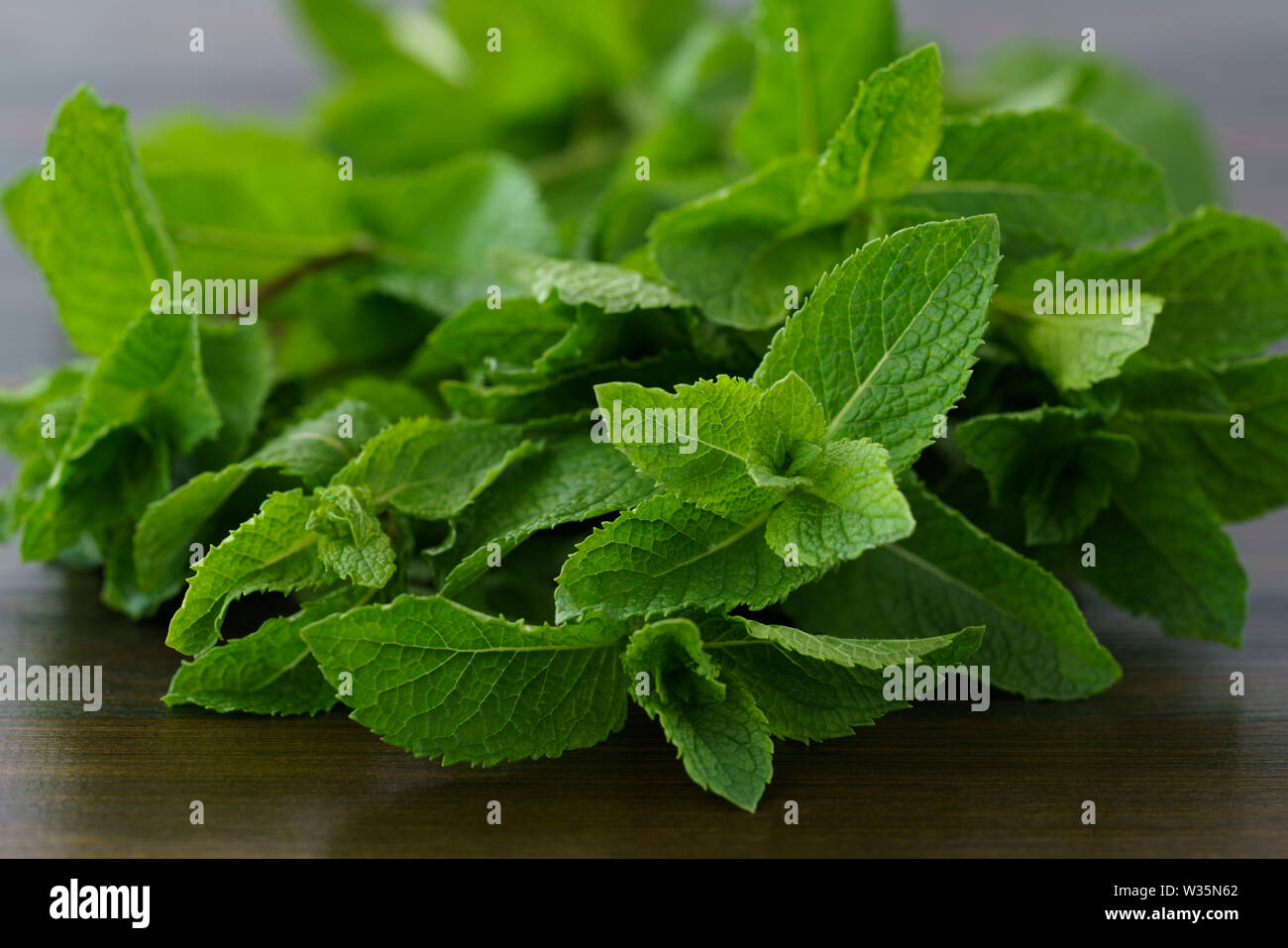 Freshly harvested organic mint. Dark wooden table, high resolution ...