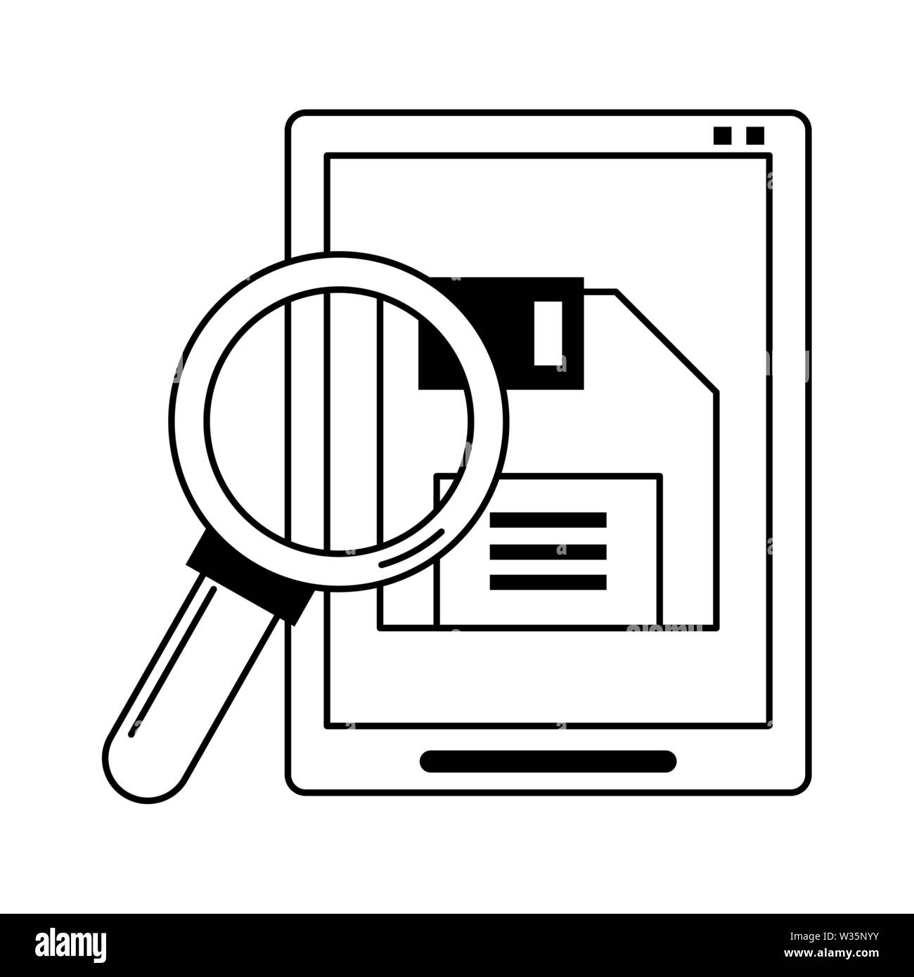 magnifying glass checking system cartoon in black and white Stock ...