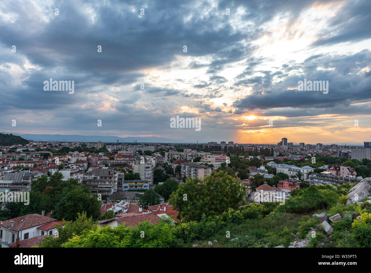 Warm summer sunset from Nebet tepe Hill in Plovdiv city, Bulgaria ...