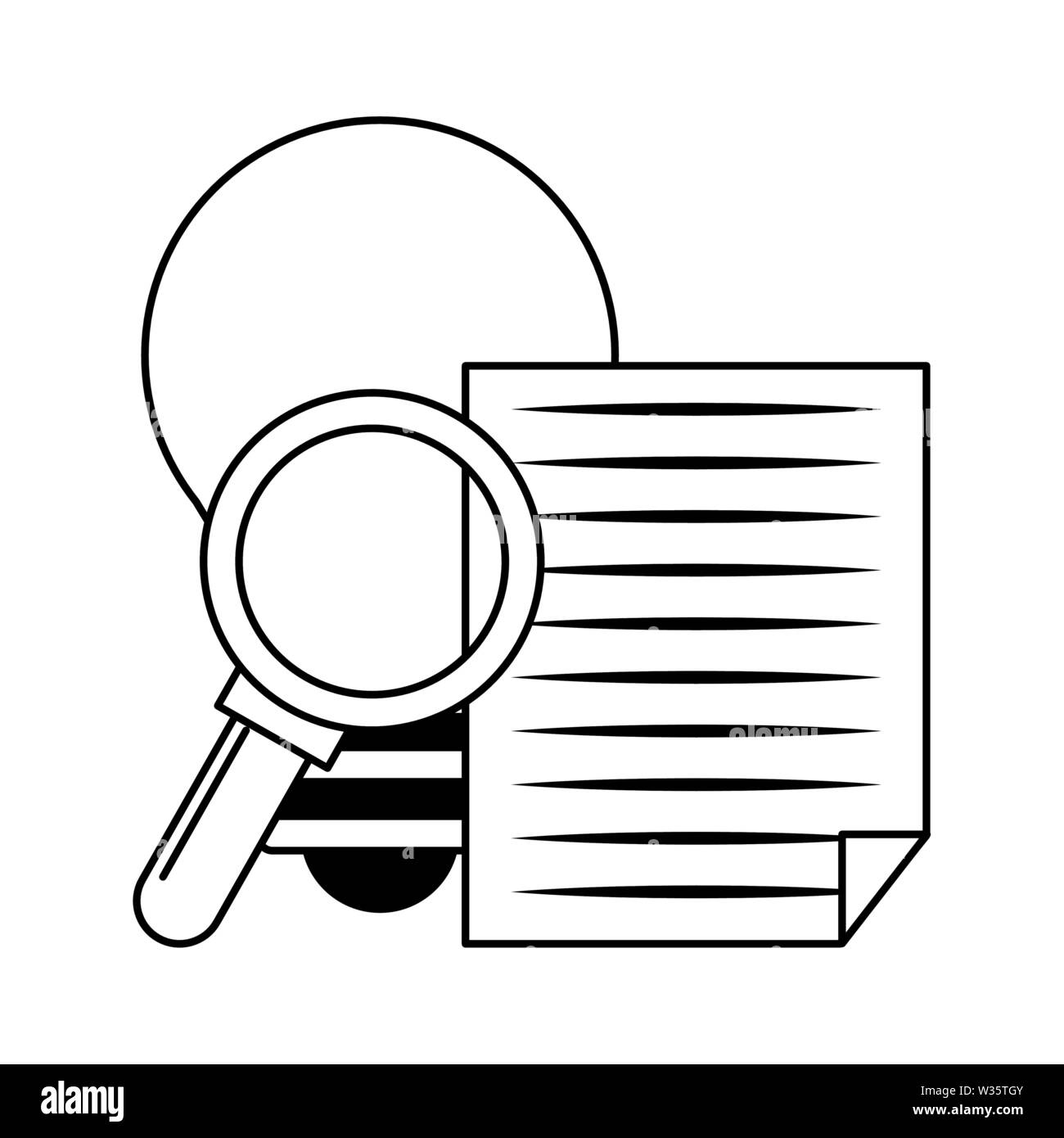 magnifying glass checking system cartoon in black and white Stock ...
