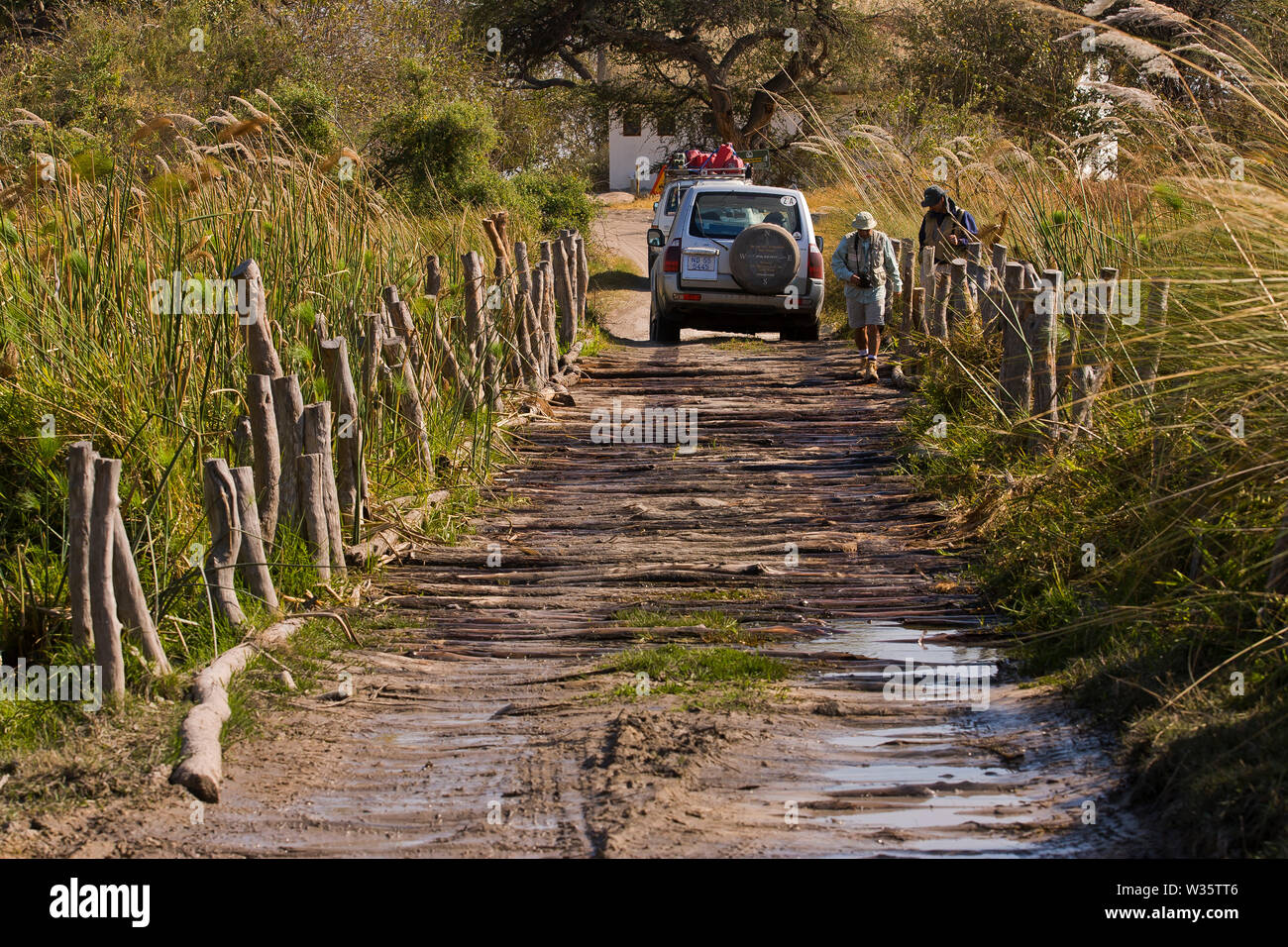 A 4X4 car crossing Third Bridge at Moremi Game Reserve, Botswana Stock ...