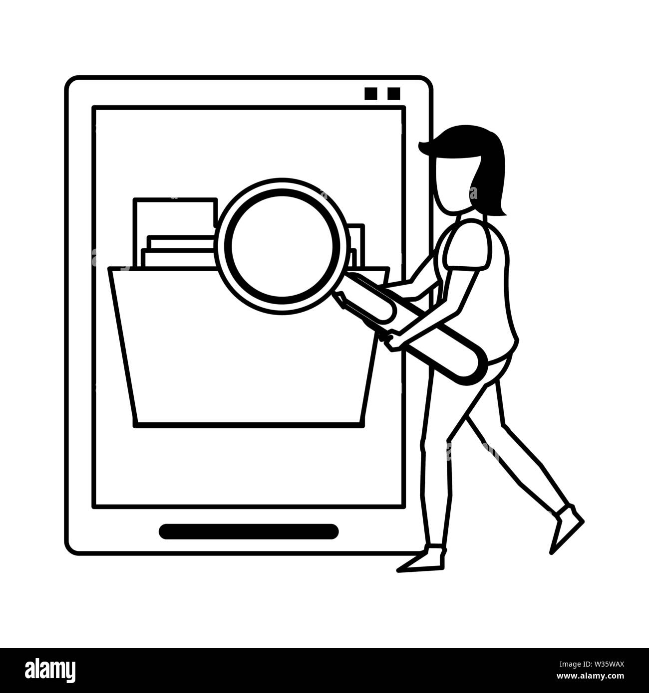 magnifying glass checking system cartoon in black and white Stock ...