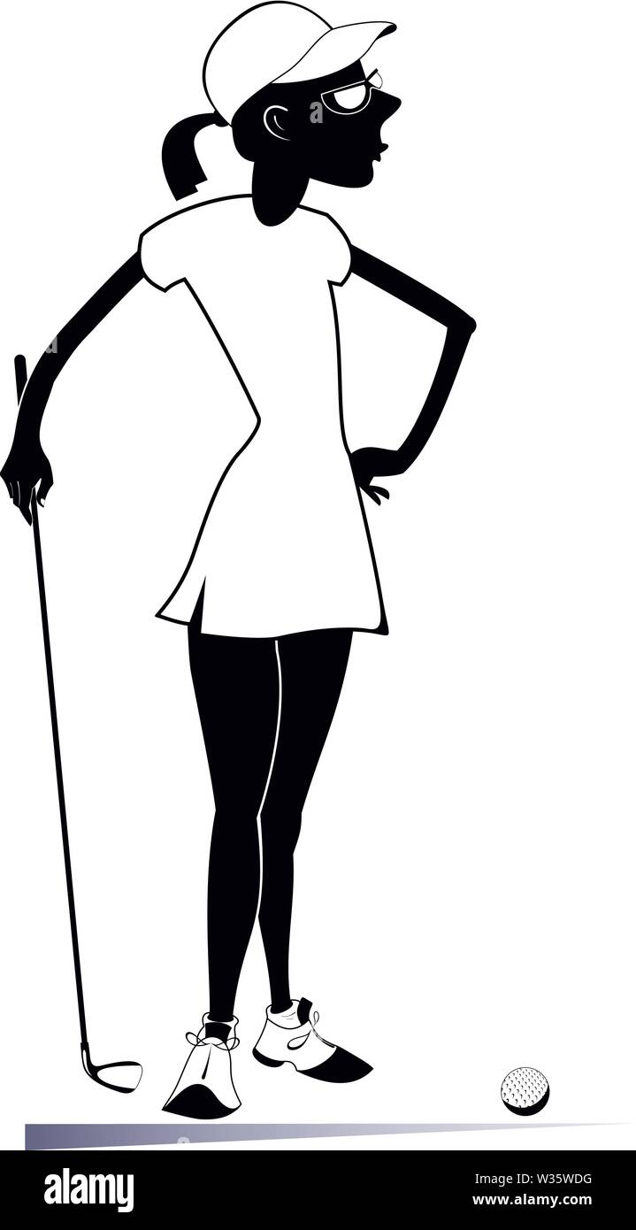Young golfer woman on the golf course black on white illustration Stock ...