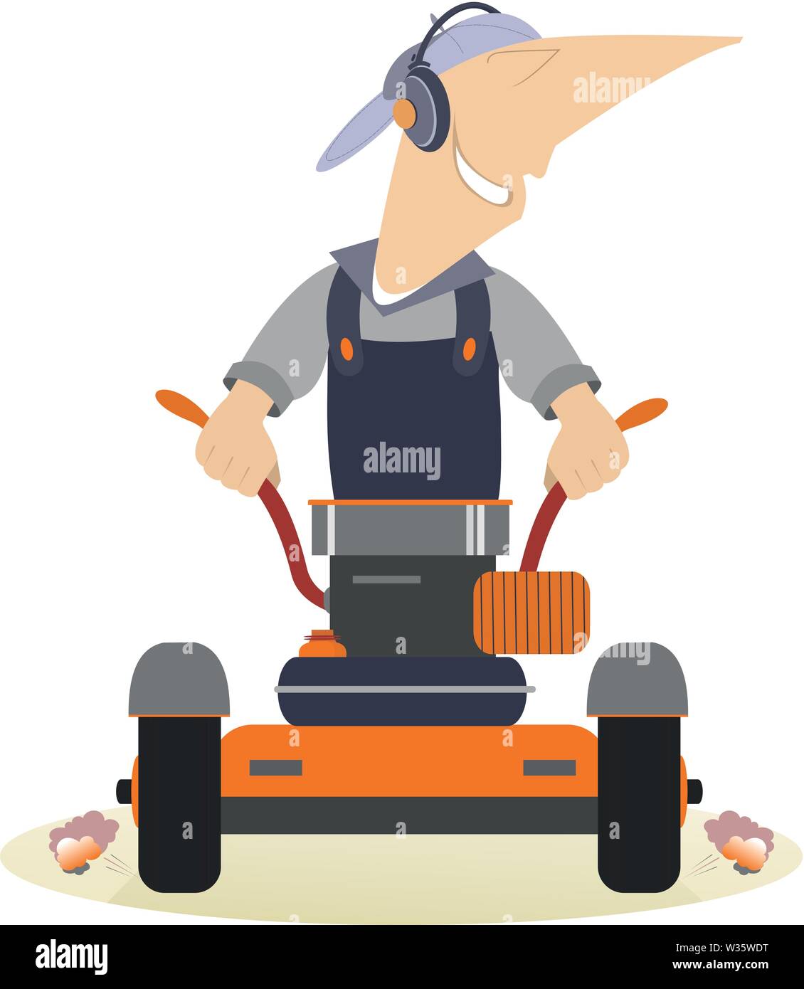 Cartoon lawnmower illustration. Comic smiling lawnmower mows the lawn ...