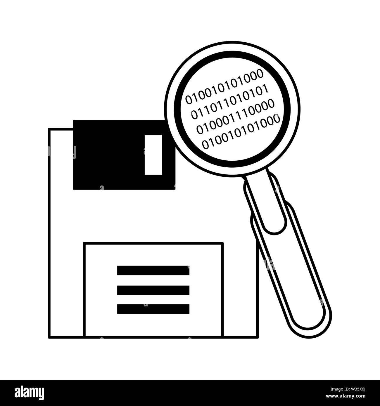 magnifying glass checking system cartoon in black and white Stock ...