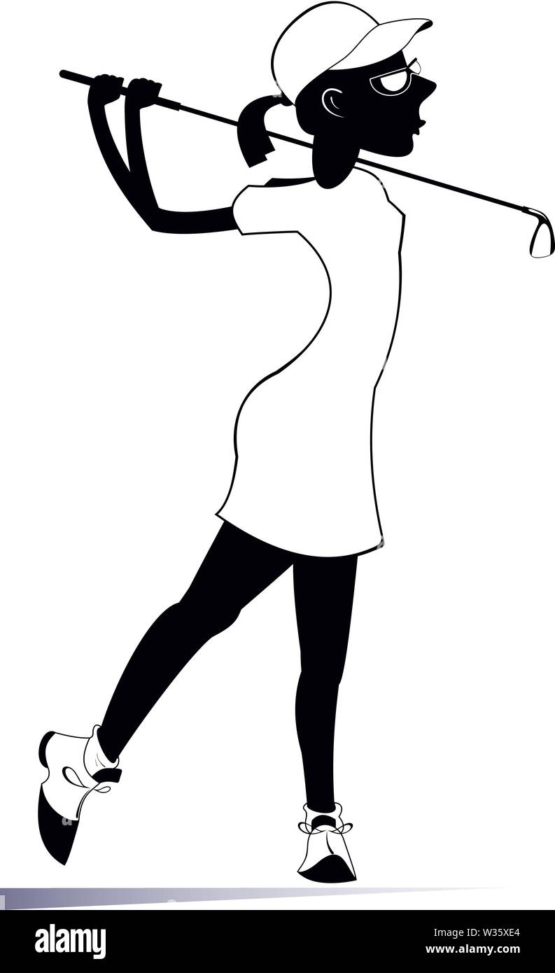 Young golfer woman on the golf course black on white illustration Stock ...