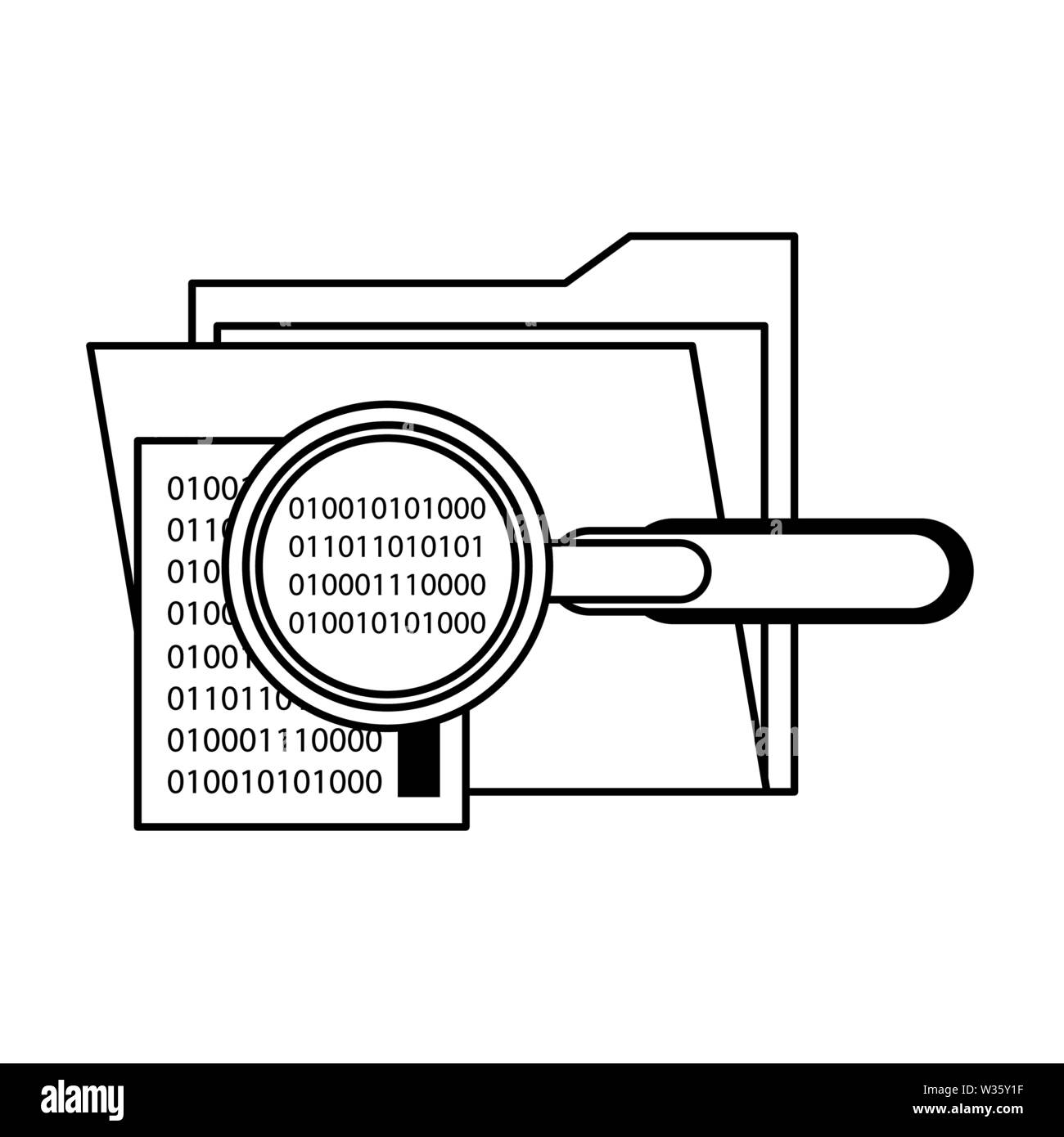 magnifying glass checking system cartoon in black and white Stock ...