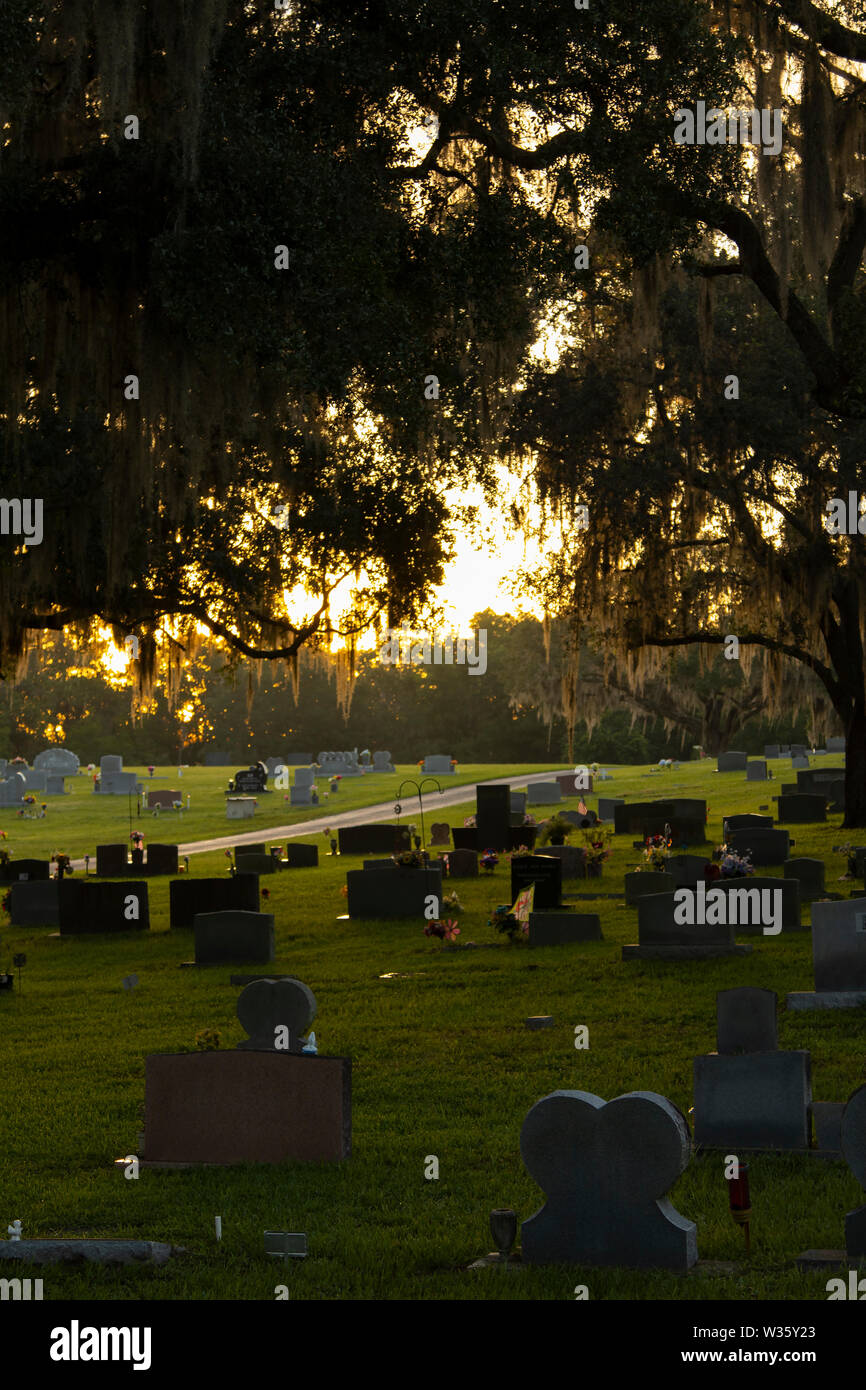 Dramatic sunset with tombstones and trees in a cemetery Stock Photo - Alamy