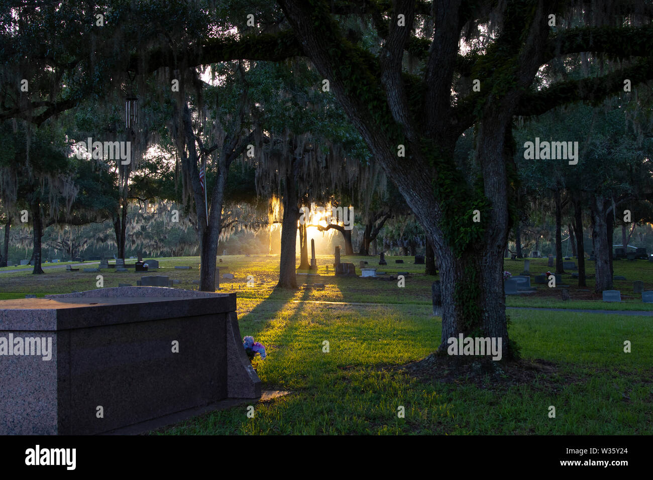 Dramatic sunset with tombstones and trees in a cemetery Stock Photo - Alamy